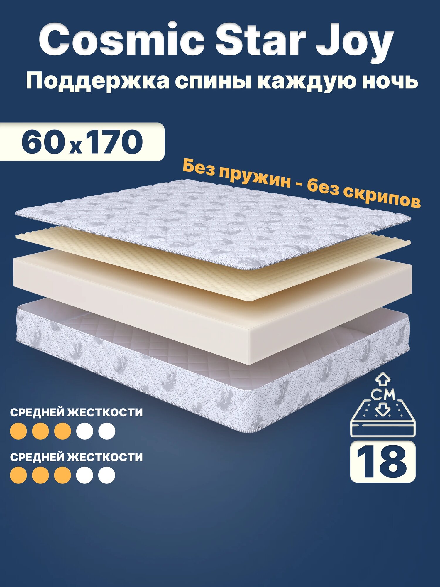 Ортопедический матрас Cosmic Star Joy 60x170 см — 2 степени жёсткости, высота 18 см, анатомическая поддержка