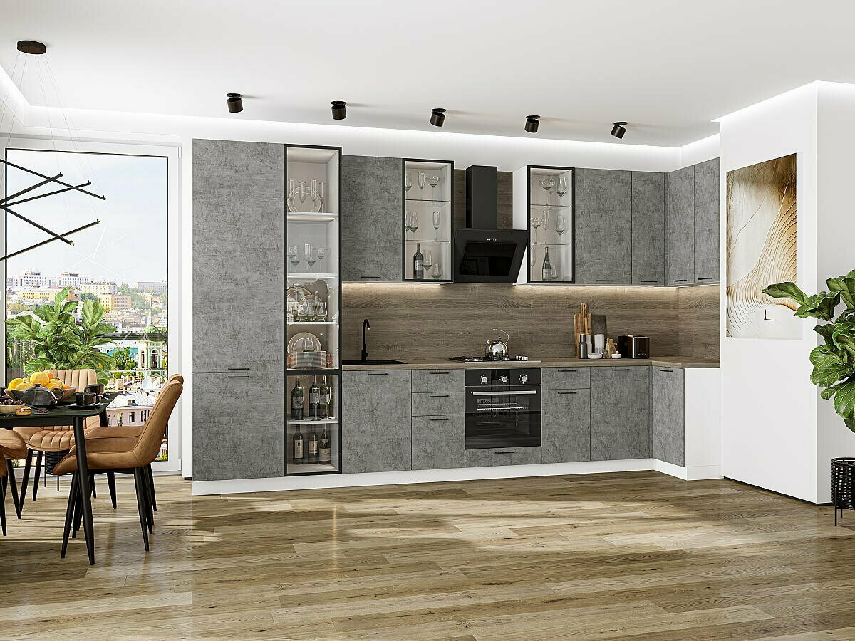 Кухня 4 м. угловая Флэт-05 со столешницей Готовый кухонный гарнитур полки стекло 2340*4000-1000*600 Temple Stone 2S