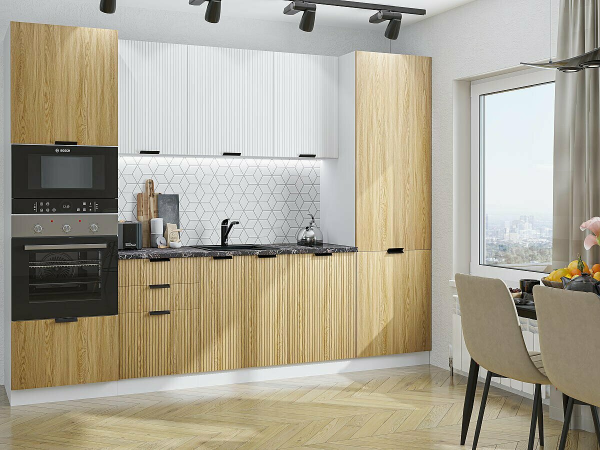 Кухня модульная прямая без столешницы 2.8 м Евро Лайн-01 Готовый кухонный гарнитур 2140*2800*600 Белый-Дуб песочный