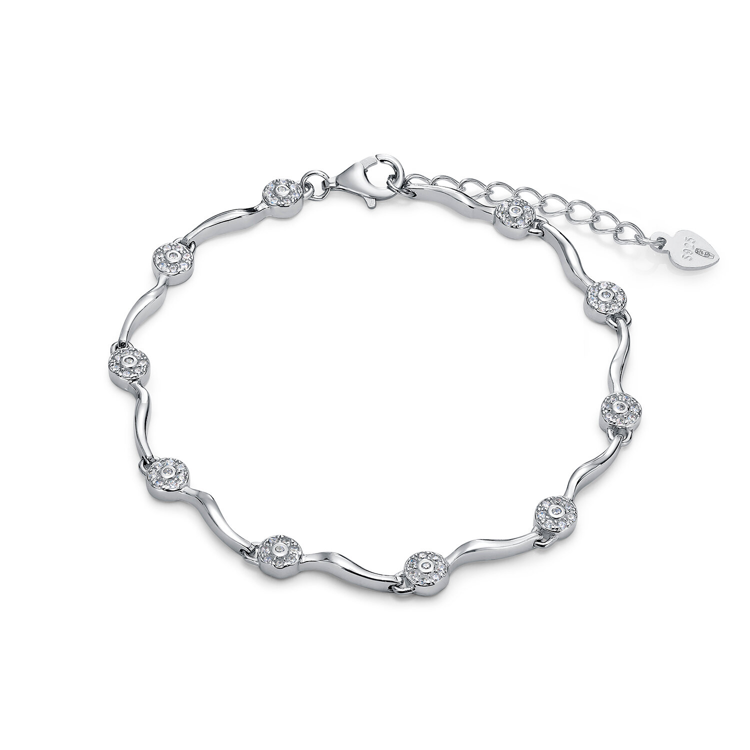 Браслет-цепочка, серебро, 925 проба, родирование, фианит