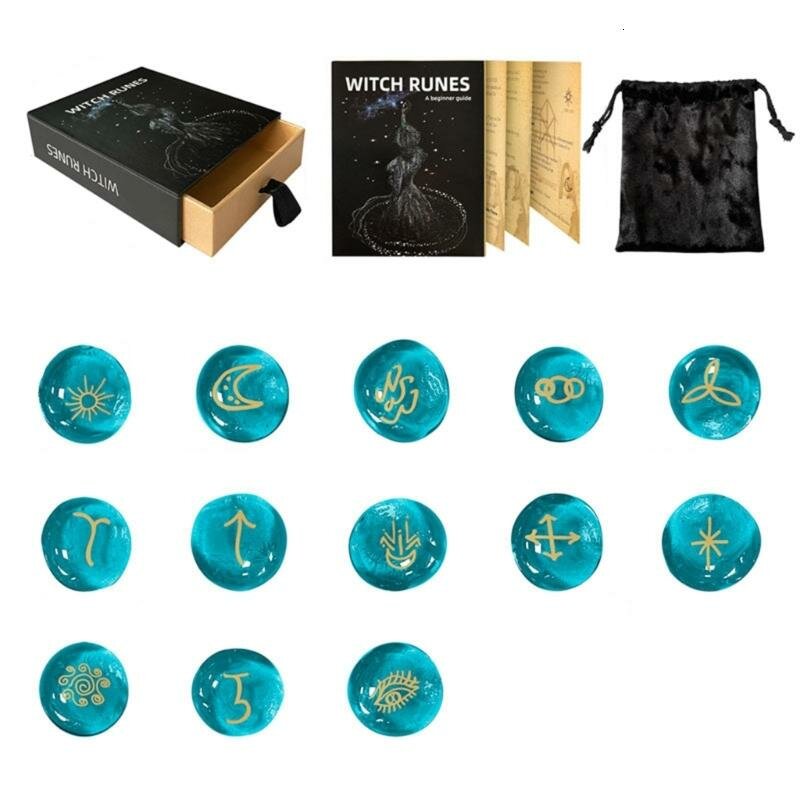 13 стеклянных камней рун, энергетические камни, гравированные руны, карманные камни для медитации, подарок для мужчин и женщин, Синий