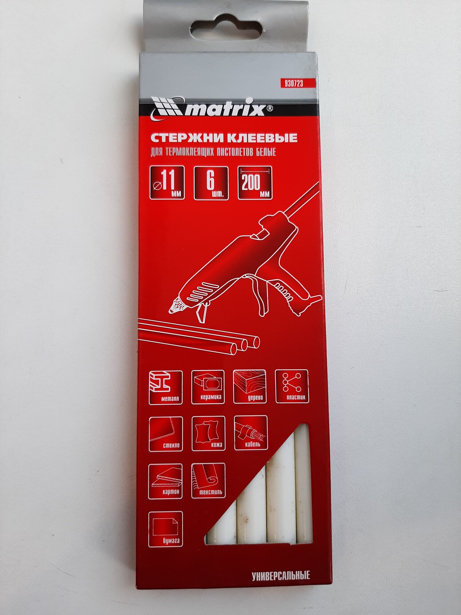 Стержни клеевые Matrix, универсальные, белые, диаметр 11мм, 200мм, 6шт