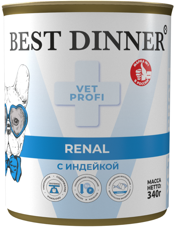 Влажный диетический корм Best Dinner Vet Profi Renal для взрослых собак при заболеваниях почек, с индейкой - 340г х 6шт