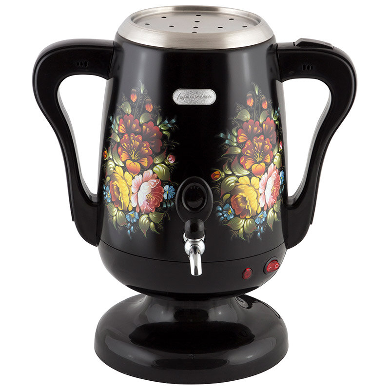 Самовар электрический матрена МА-040 (3,2 л) металл, черный с рисунком + керам. заварник 1800-2000W (005972)
