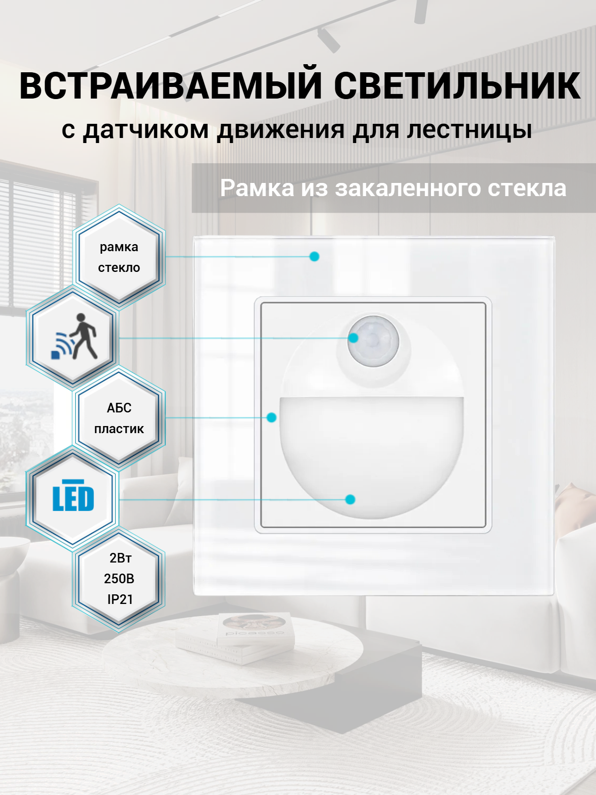 Встраиваемый светильник для лестницы с датчиком движения, рамка из закаленного стекла 82*82*8mm, белый F6
