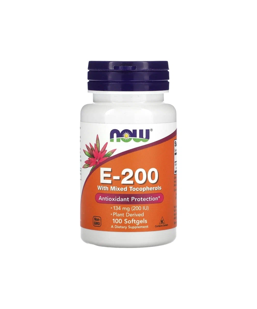 NOW Foods Vitamin E-200, Витамин E-200 со смешанными токоферолами 100 гелевых капсул