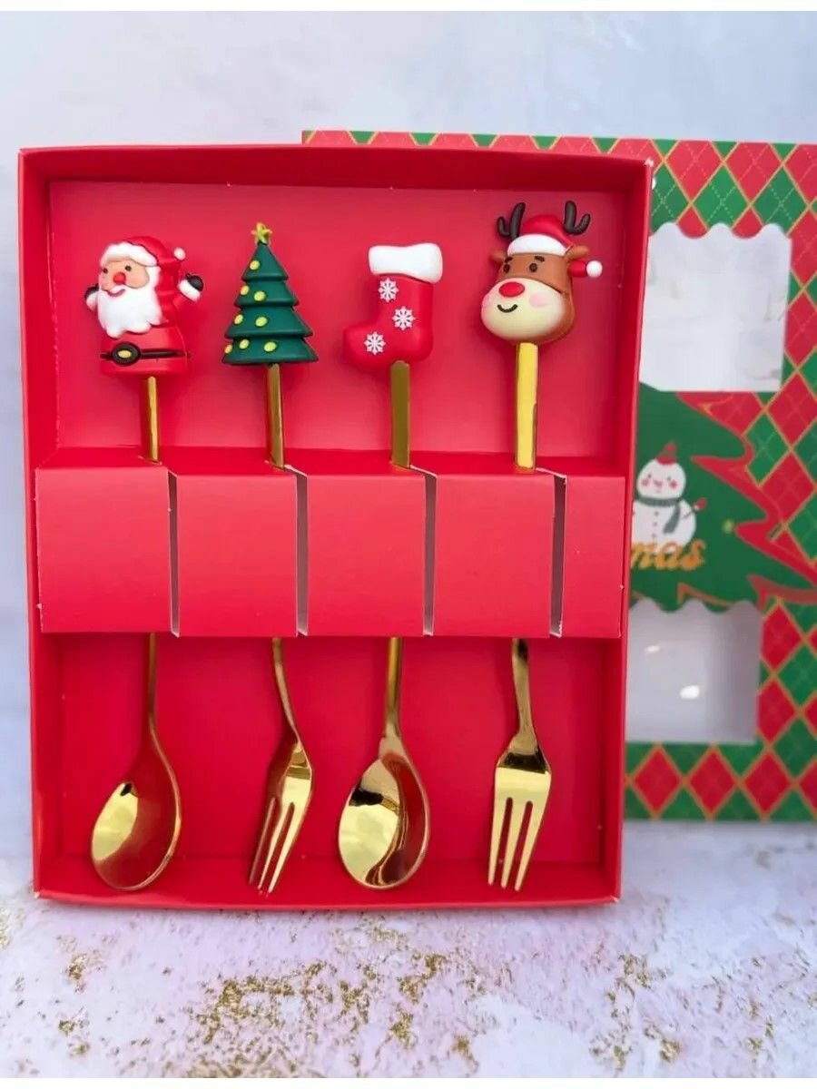 Новогодний набор десертных приборов 4 предмета
