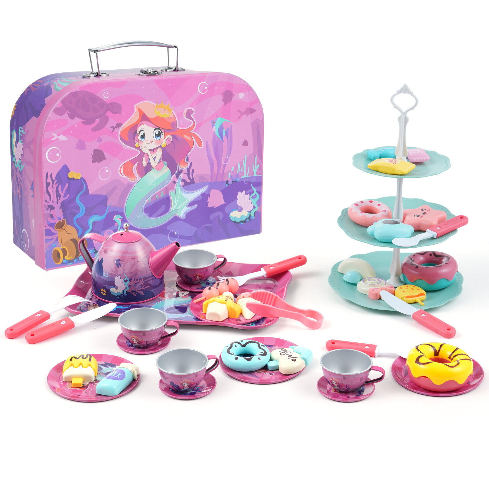 Наборы для чая для детей 46 деталей Набор для чайного вечера для маленьких девочек Игрушки для чаепития в послеобеденное время Включает торт, десерт, печенье, кофейную чашку, посуду и тарелку Игрушки-имитации для детей Девушки Ручная коробка для хранения