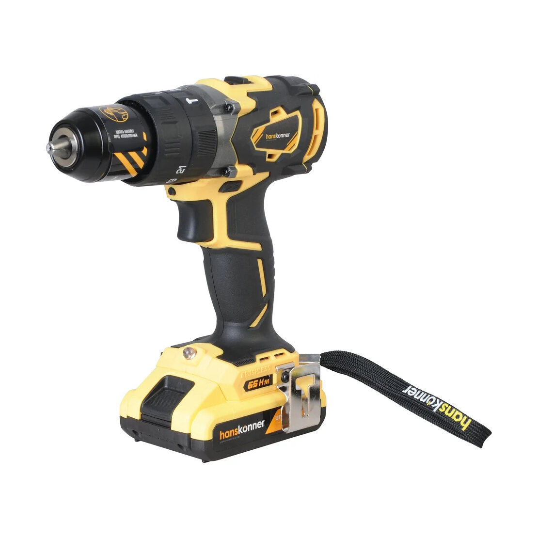 Дрель-шуруповерт аккумуляторная Hanskonner HCD1865BLI,18 В, Li-Ion, 65 Нм, 2000 об/мин, 25 500 уд/мин, желтый