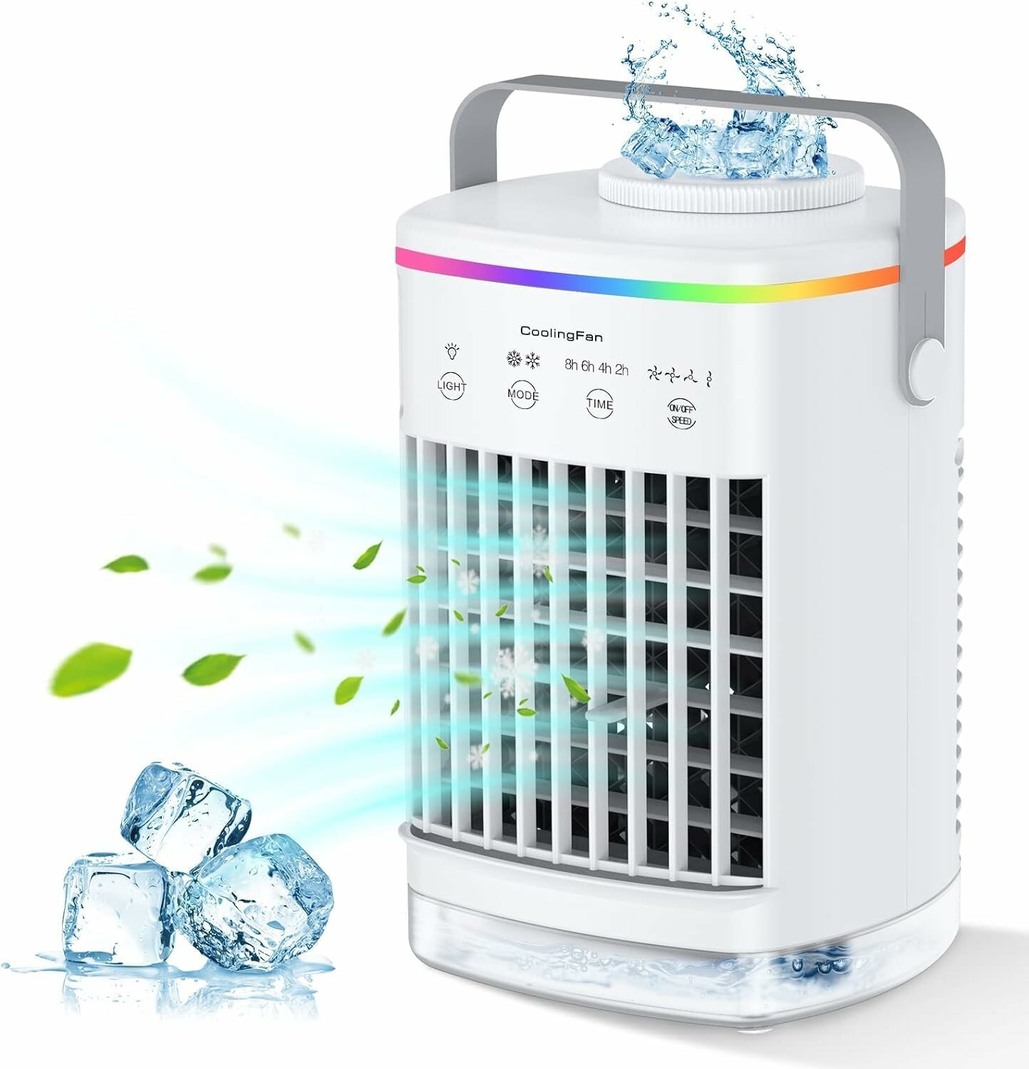 Переносные кондиционеры, вентилятор охлаждения, мини переносной кондиционер, 4 скорости ветра и 7 светодиодных светодиодов, 2 форсунки холодного воздуха и таймер от 2 до 8, переносной кондиционер, кондиционер, личный кондиционер, испарительный охладитель