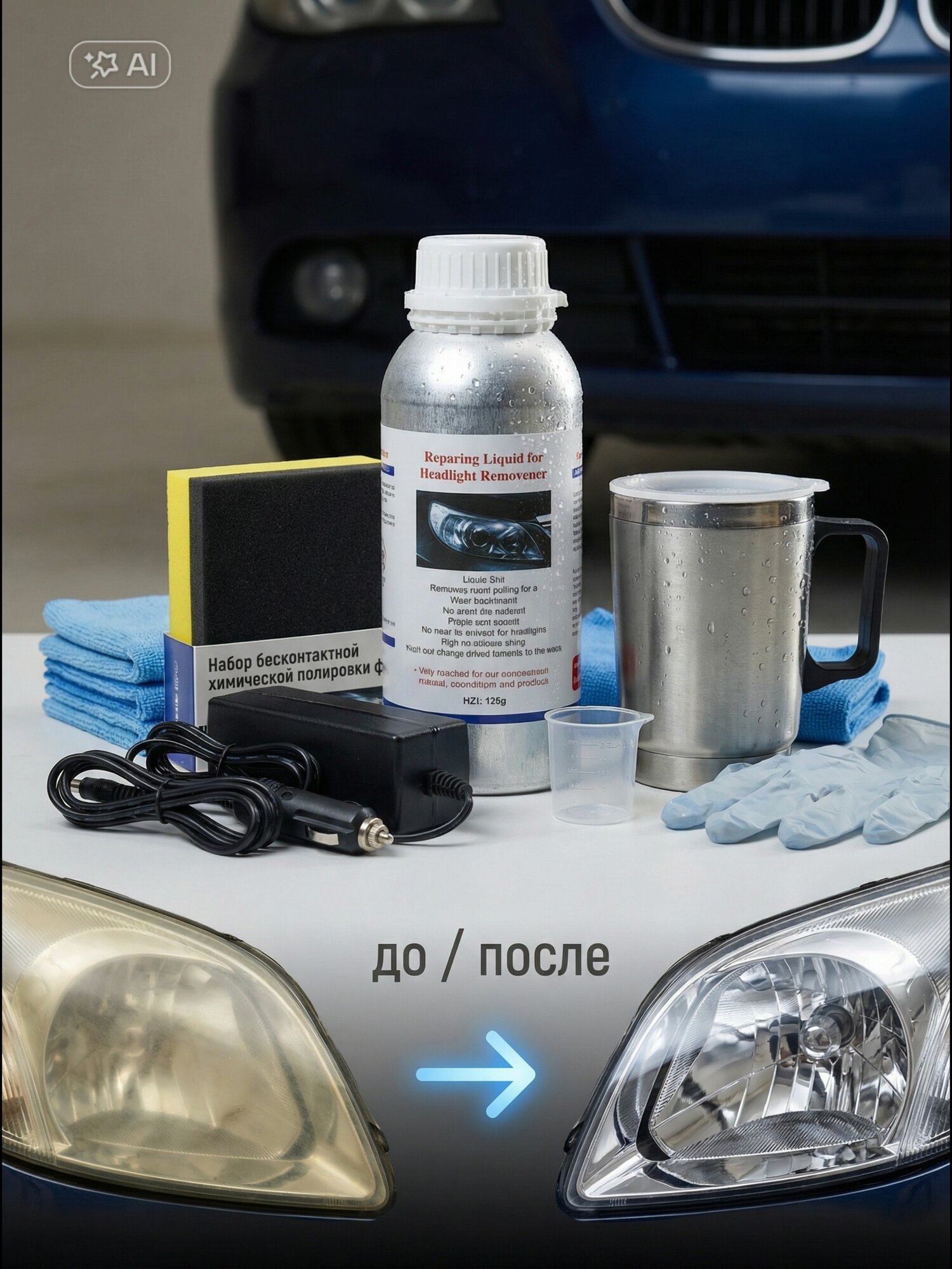 Набор для полировки фар автомобиля (полный комплект)