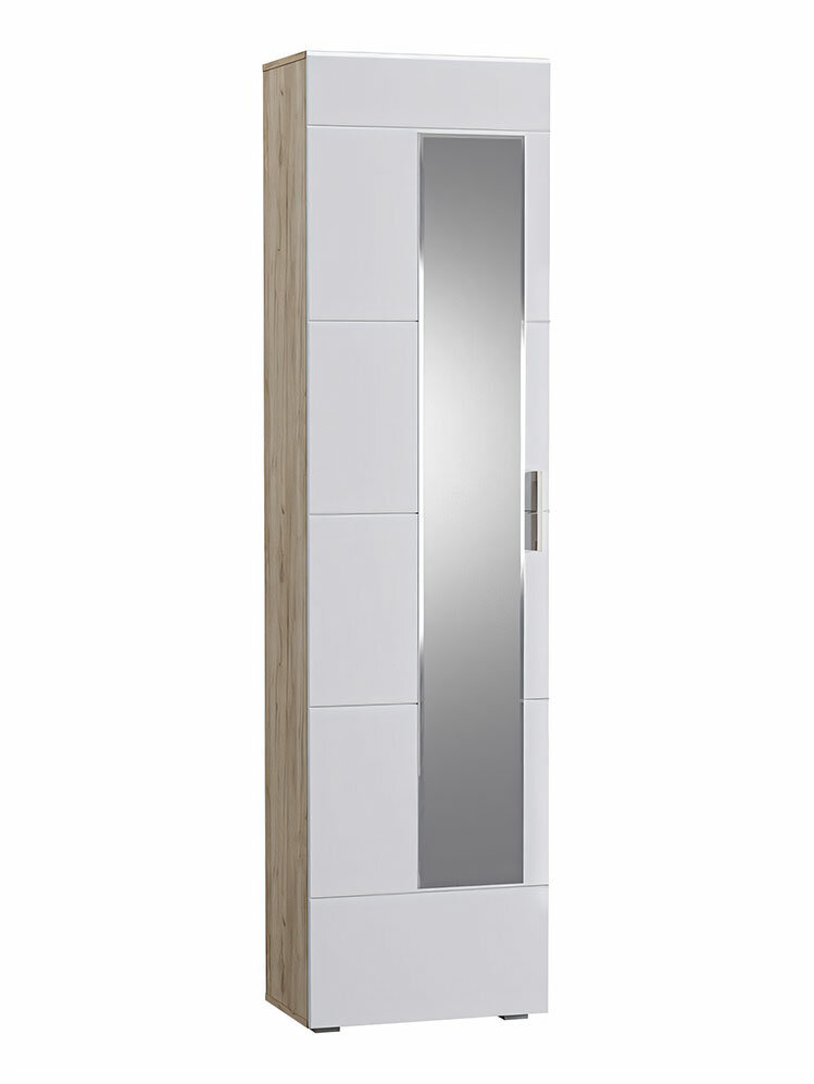 Распашной шкаф-пенал Лайн со штангой, с полкой, с зеркалом, 55х35х210 см, Дуб Крафт серый / Белый глянец