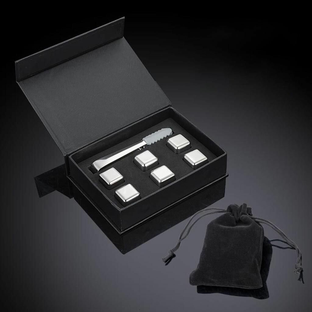 Многоразовые металлические кубики льда из нержавеющей стали для охлаждения напитков, - Подарочная коробка (серебристая) 6 шт.