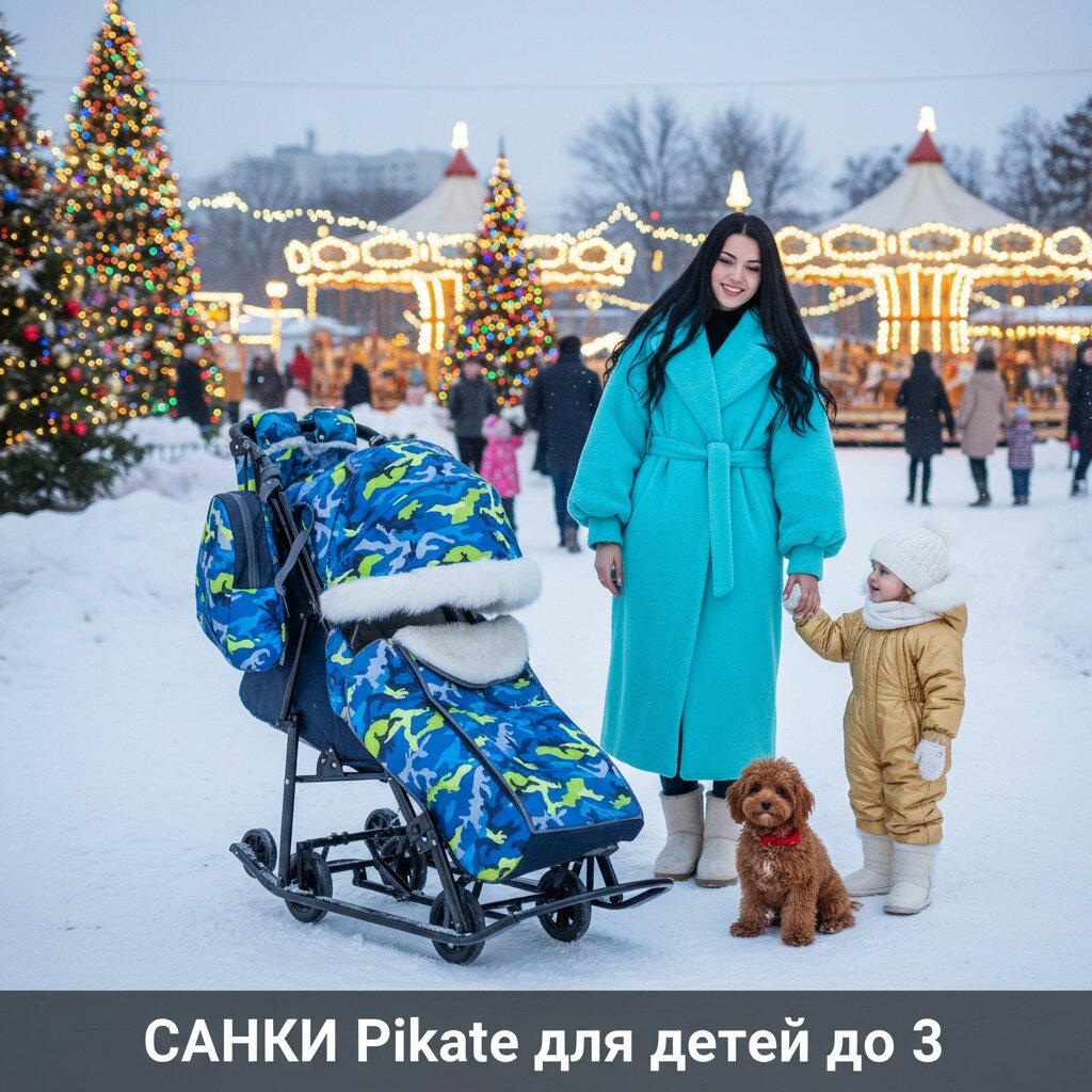 Санки-коляска, детские, зимние на колесах Pikate "Military Limited " с рождения до 3х лет, цвет голубой.