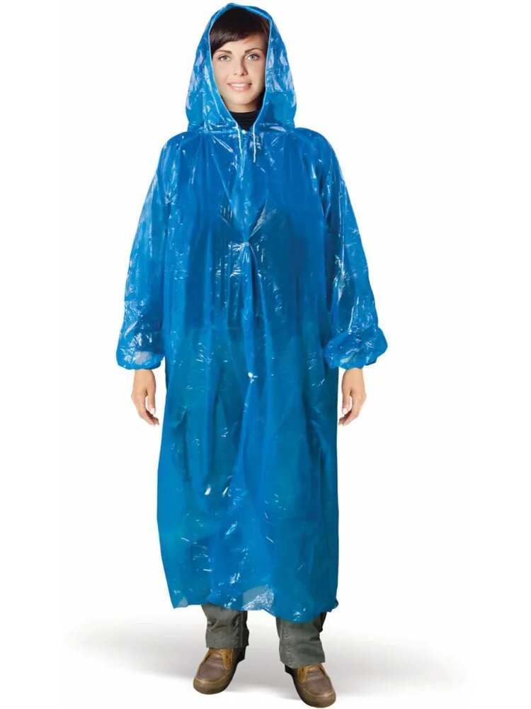 Дождевик Komfi водонепроницаемый c капюшоном женский / мужской / универсальный, на кнопках, полиэтилен, 18 мкм, синий