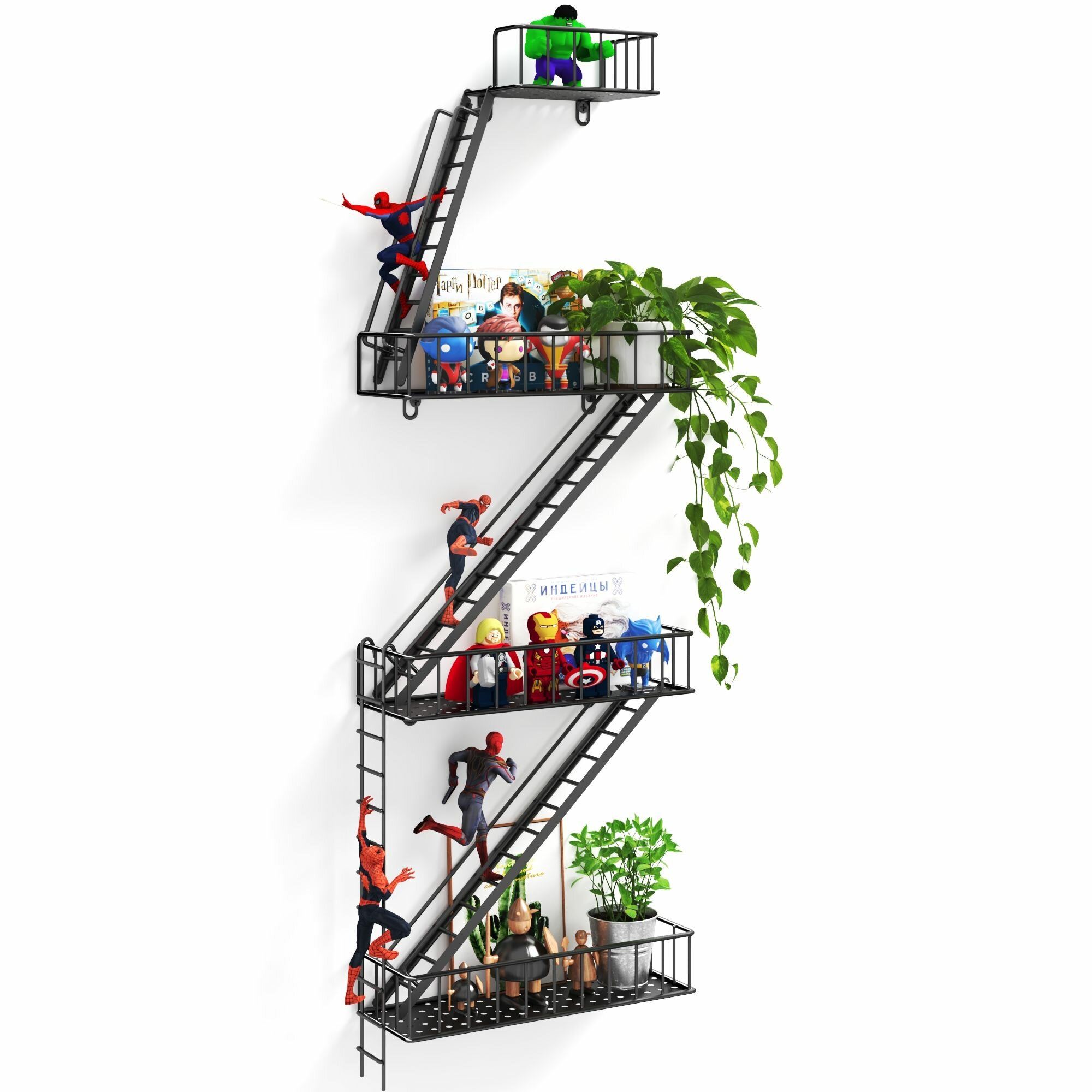 Пожарная лестница-полка - 4-ярусная металлическая белая полка с корзинами