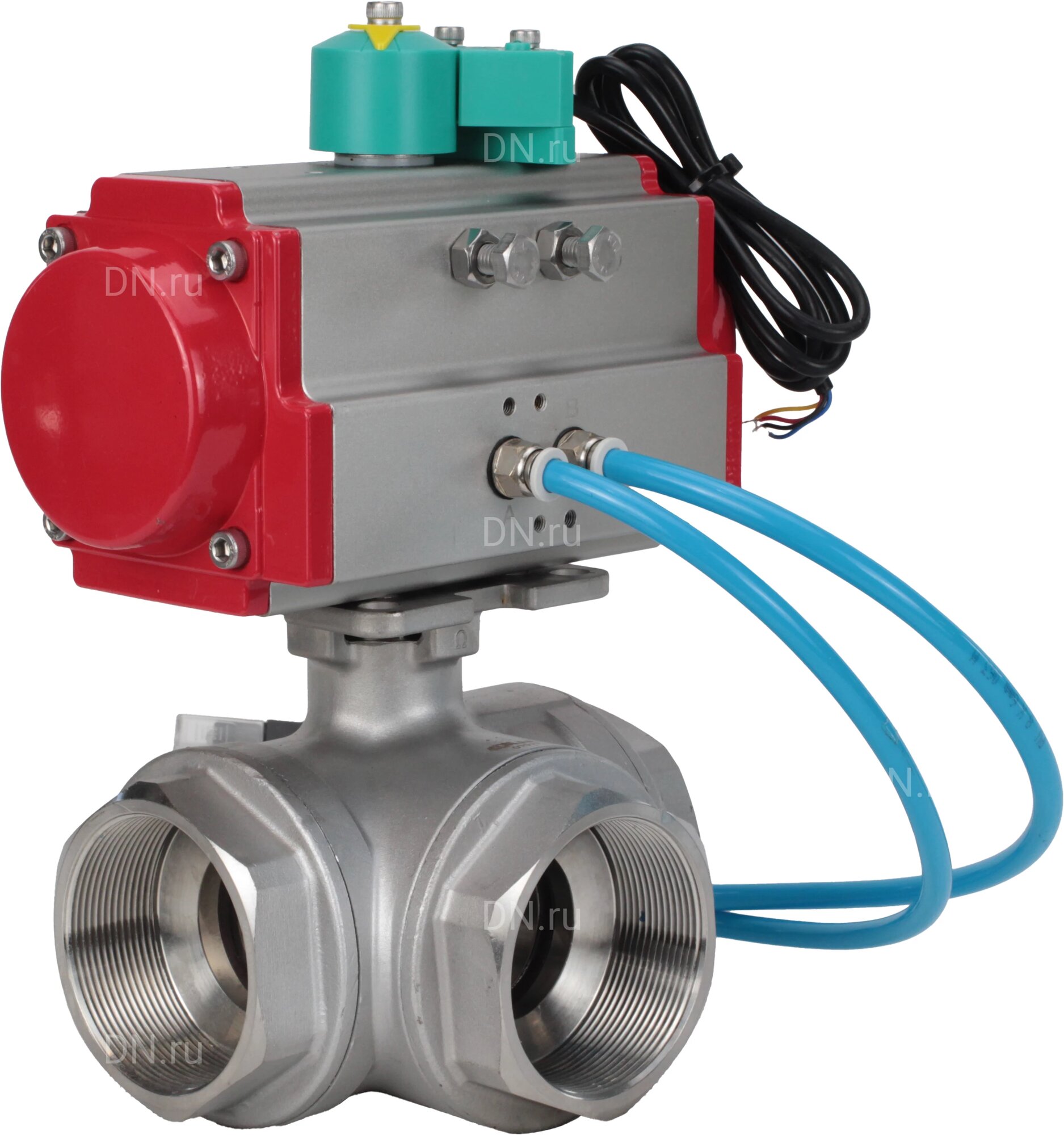 Кран шаровой DN.ru RP. SS316.200. MM.010(-100)-ISO L-тип Ду65 Ру40 стандартнопроходной L-тип, корпус - нерж. сталь 316, уплотнение - PTFE, с пн. приводом DA-083, пн. распределителем PND1-S2EM-52-2-T10-220VAC и магнитным переключателем МППП-200