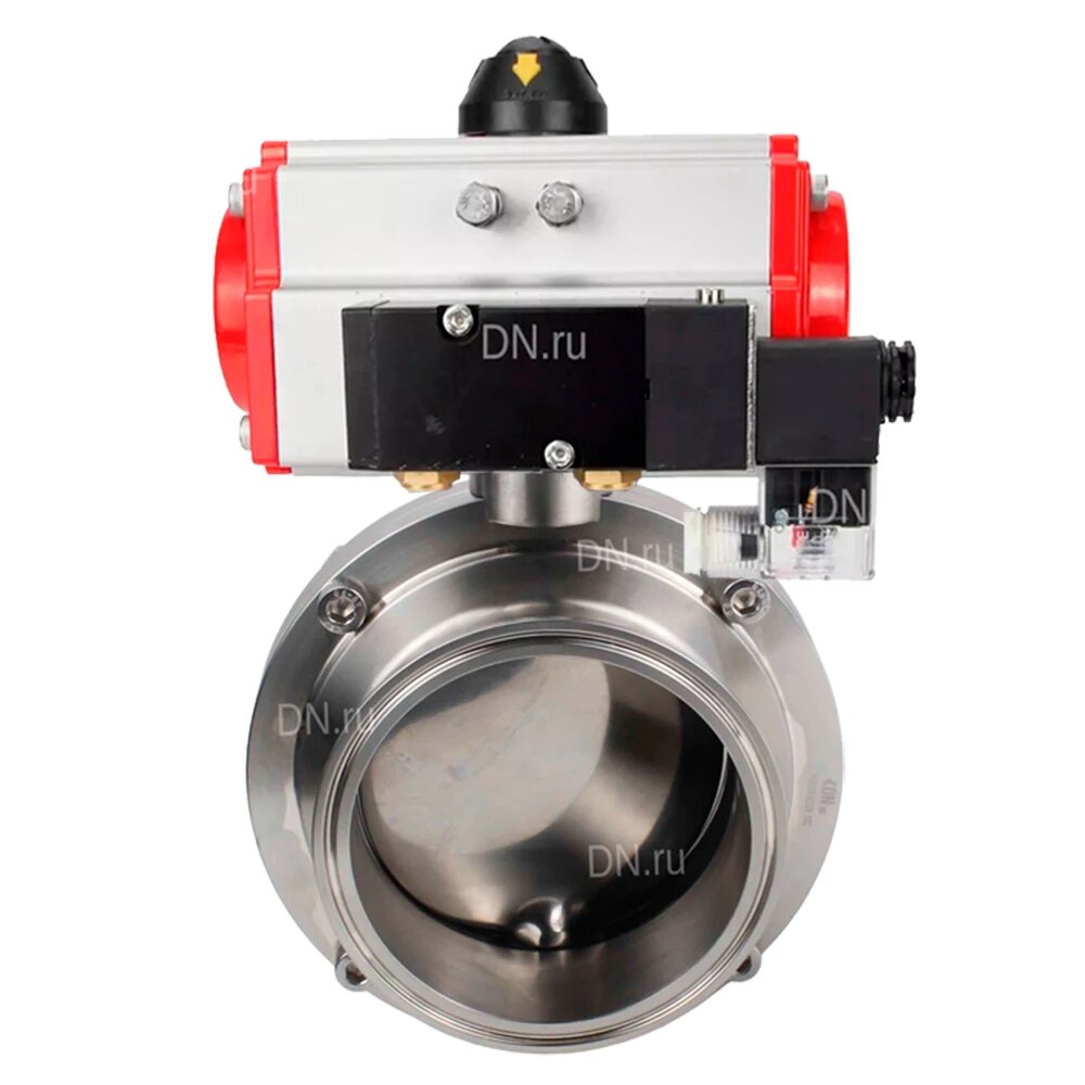 Затвор дисковый поворотный кламповый DN.ru 304-304-EPDM-2W-C-H Ду20 Ру10 корпус - пищевая нержавеющая сталь 304, уплотнение - EPDM, с пневмоприводом DN.ru DA-065 и пневмораспределителем DN.ru PND2-S1EM-52-1NC-J08-220VAC