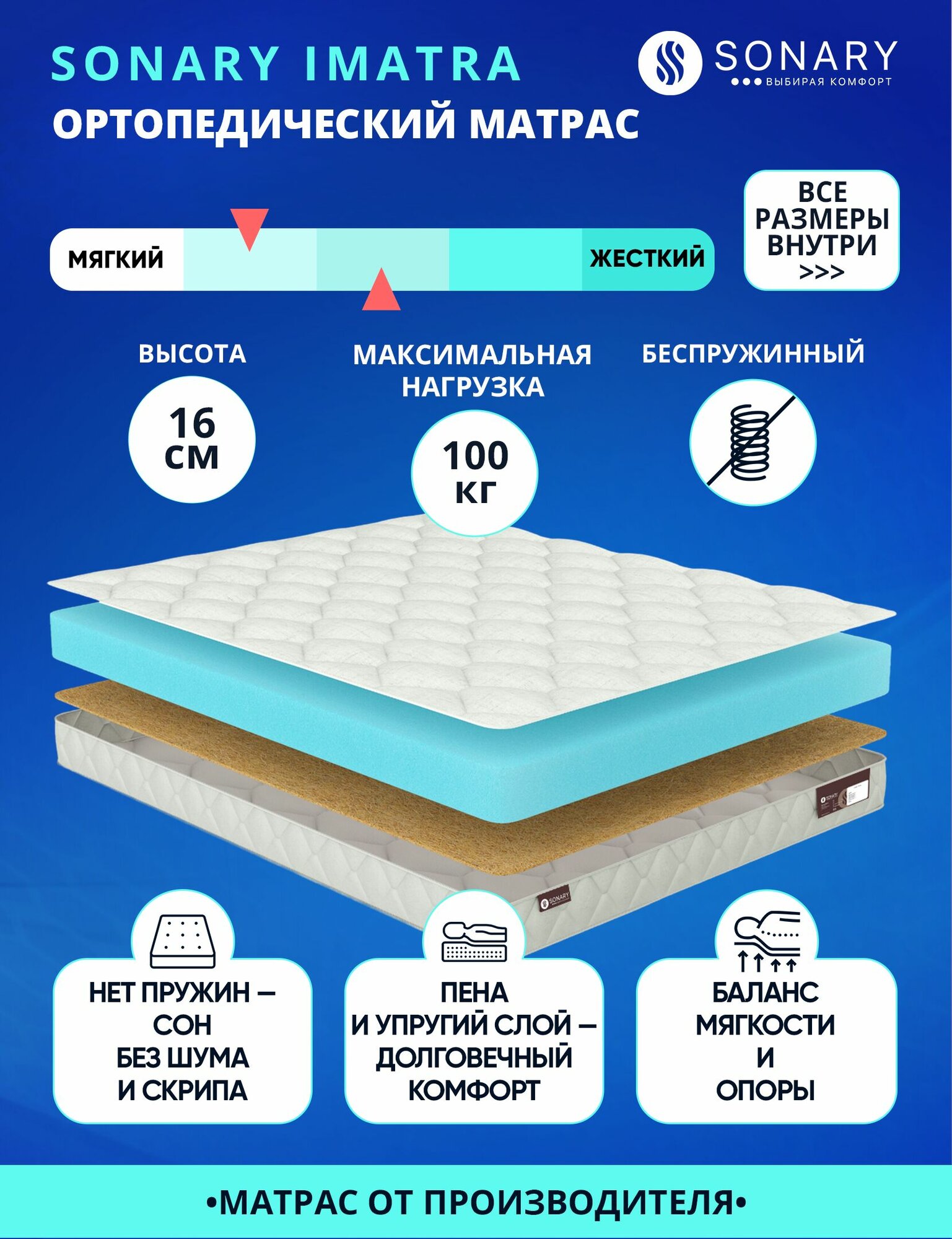 Матрас Sonary Imatra 165х190 серии Solid высота 16 см анатомический средней жесткости Беспружинный