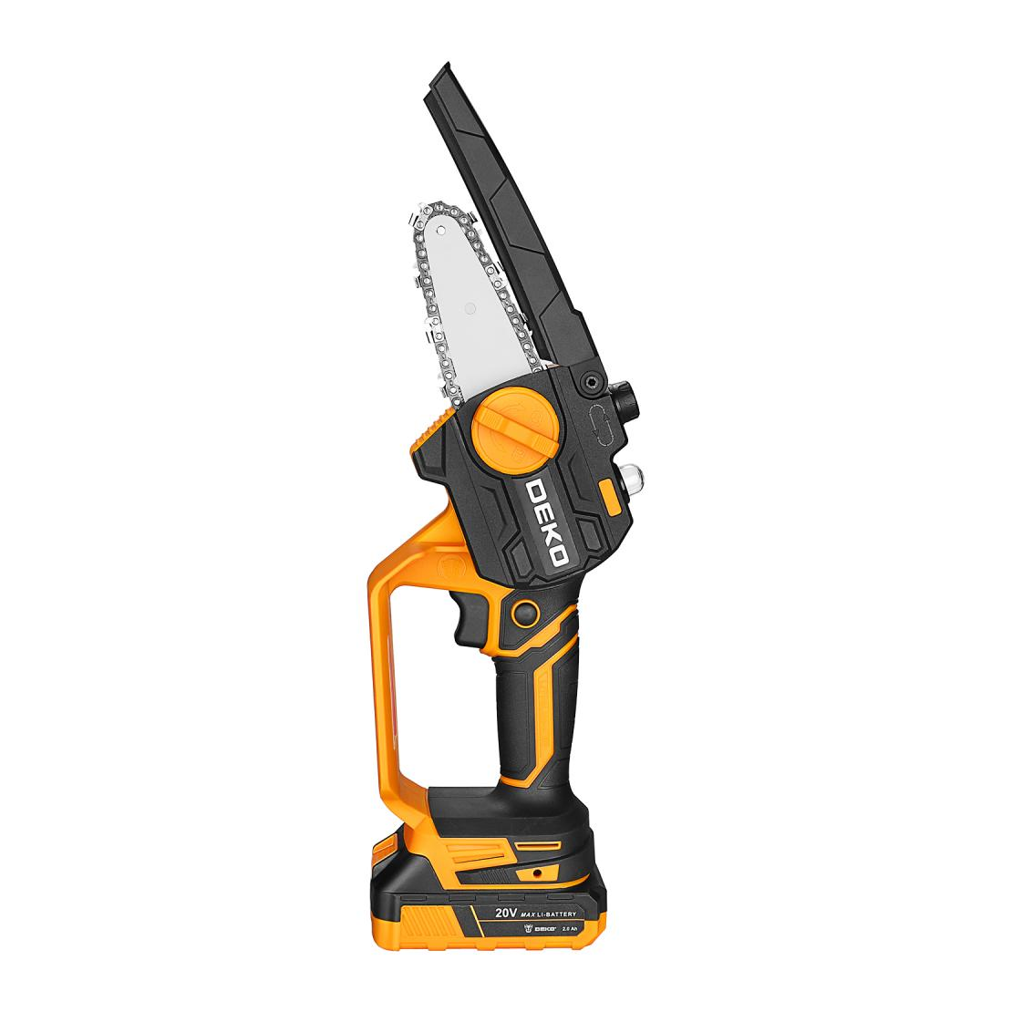 Пила цепная аккумуляторная Deko DKCHS 20-4 063-4480, Li-Ion, 2 Ач, длина шины 10 см, бак 22 мл, желтый