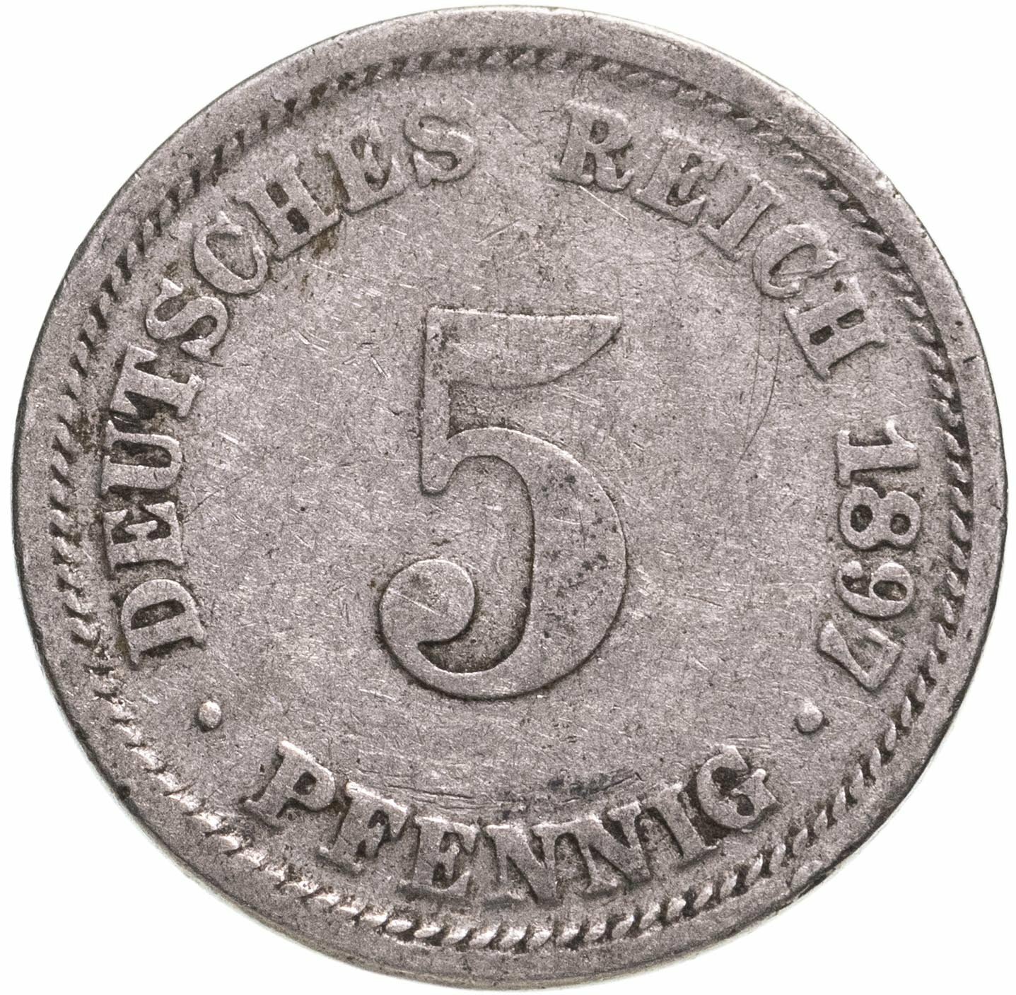 Германия 5 пфеннигов pfennig 1897, знак монетного двора: "D" - Мюнхен, Никель, в сохранности VF