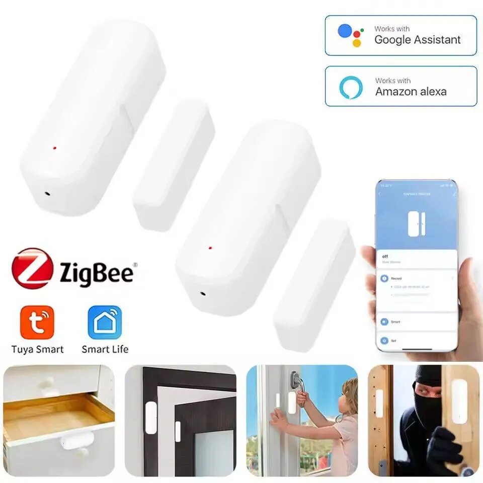 Умный датчик открытия дверей и окон Zigbee Tuya, 2,4 ГГц, работает с Alexa и Google Ассистентом