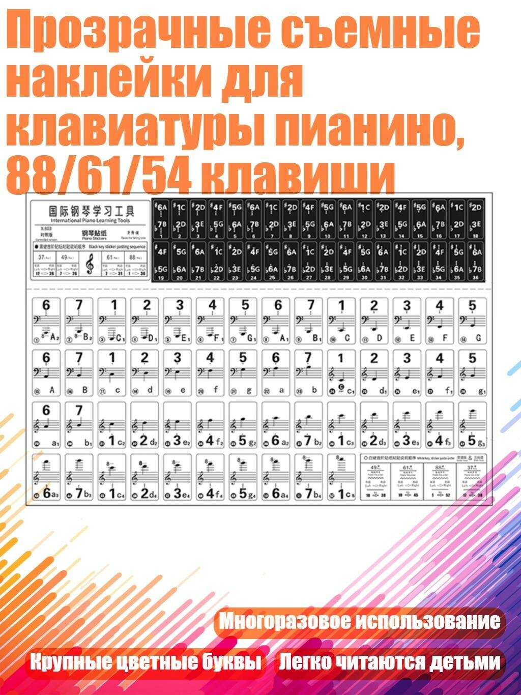 Прозрачные съемные наклейки для клавиатуры пианино, 88/61/54 клавиши