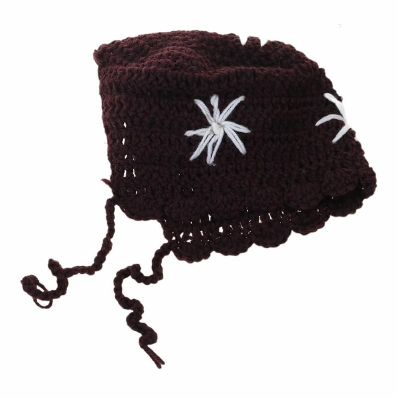 Вязаная кружевная шапочка для малышей с регулируемыми завязками, модная шапка с ушками, теплый и милый головной убор для девочек, - коричневая шляпа с белым потоком