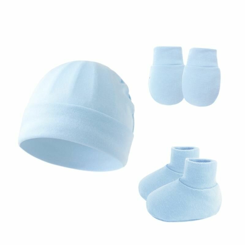 Нежный комплект аксессуаров для новорожденных: дышащие хлопковые шапки, варежки и пинетки, необходимые для ухода за мальчиками и девочками, светло-синий