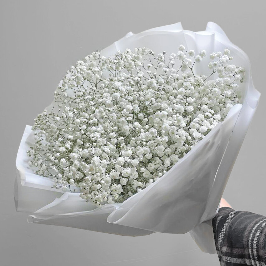 Букет с гипсофилой в матовой упаковке, "Бутоньерка" 9 веток размер М