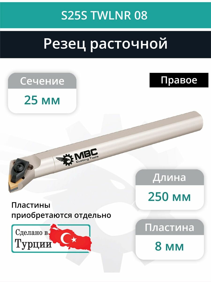 S25S TWLNR 08 внутренний токарный расточной резец правый, 25 мм / пластина WNMG 0804**