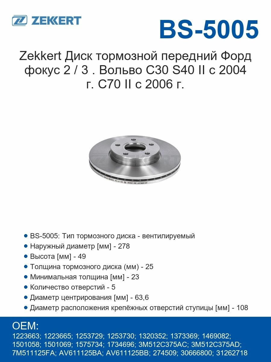 Zekkert Диск тормозной передний Форд фокус 2 / 3 . Вольво C30 S40 II с 2004 г. C70 II с 2006 г.