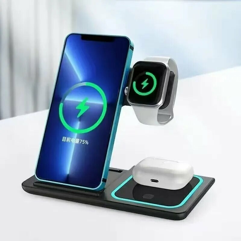Беспроводная зарядка для IPhone / GQbox / Док станция 3в1 / Быстрая зарядка / Черный