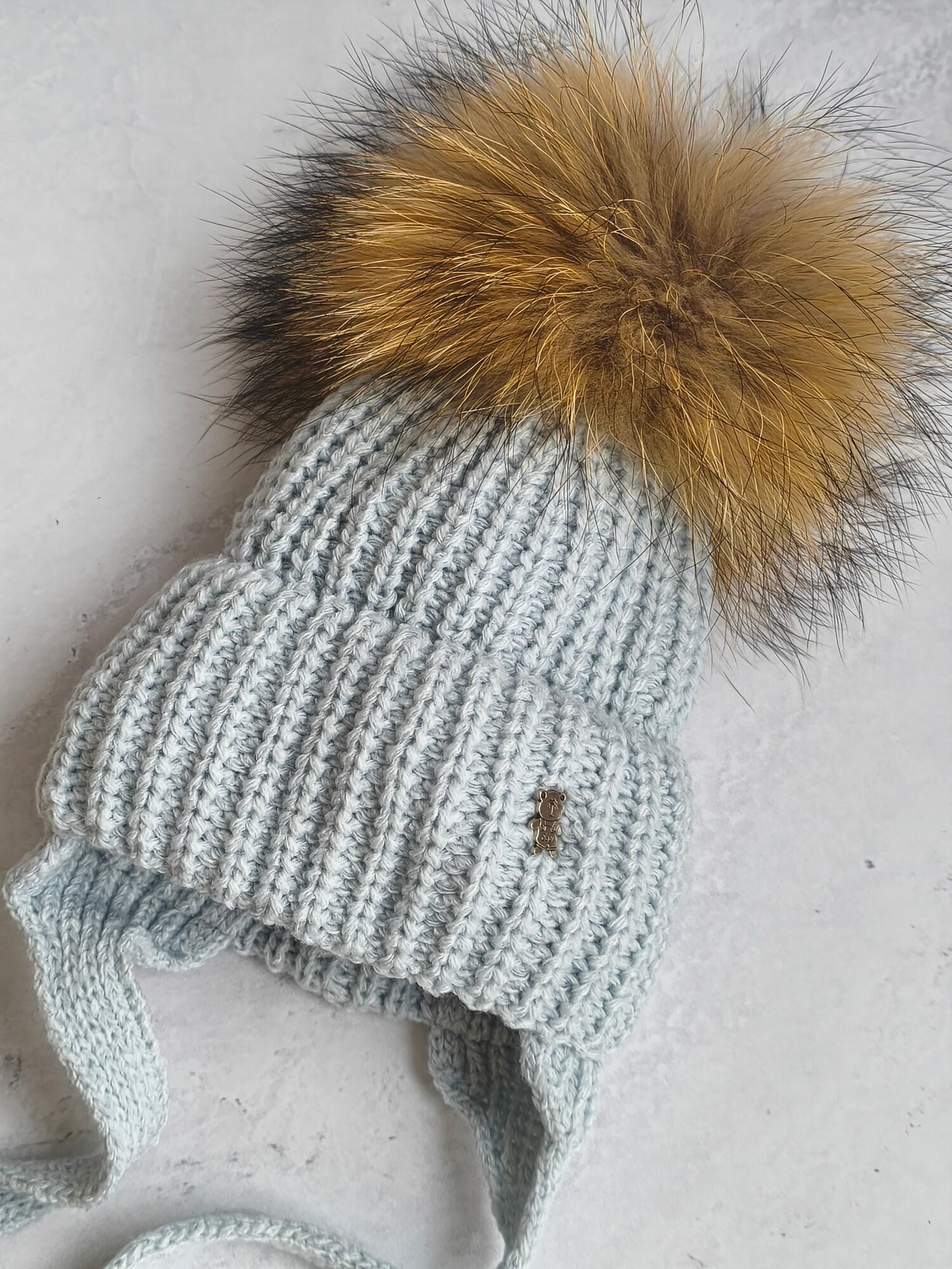 Шапка для новорожденного (0-6 мес.) с помпоном из натурального меха для мальчиков