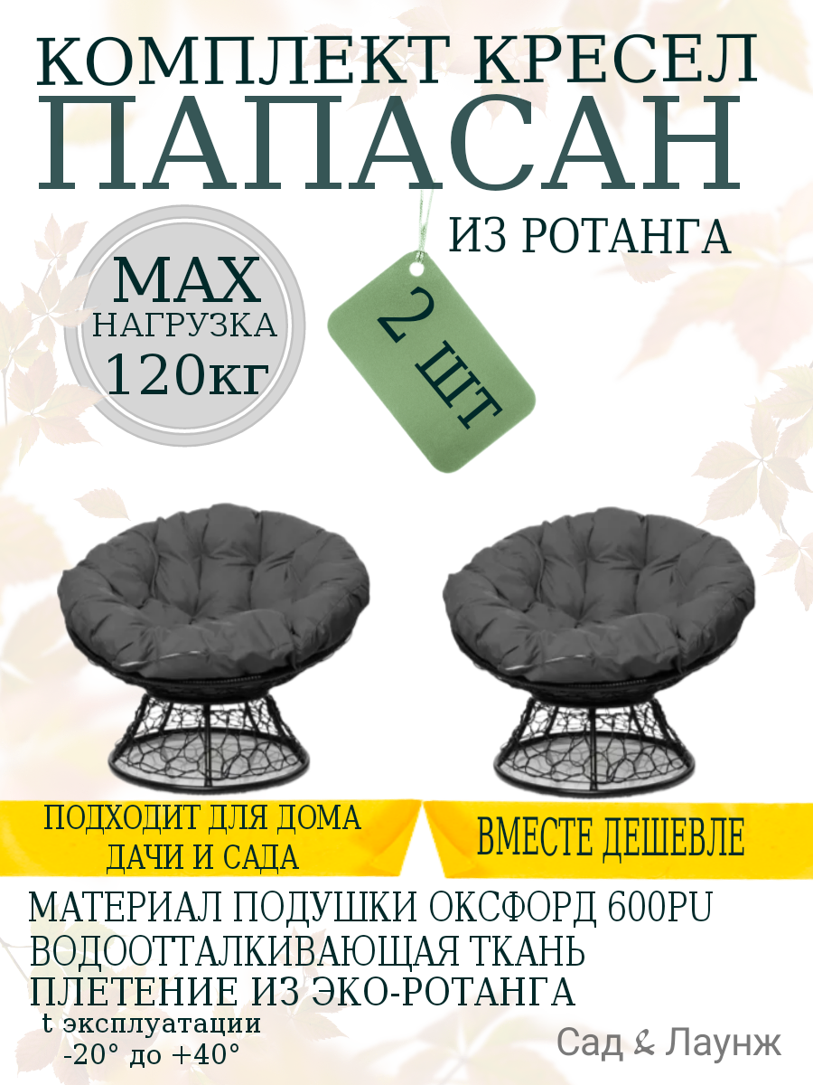 Комплект из 2 садовых кресел Папасан с ротангом, чёрный каркас, серые подушки
