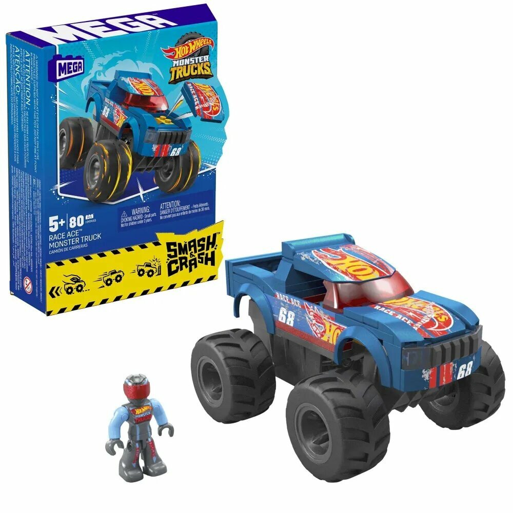 Мега Хот Вилс Smash Crash Race Ace Монстр-трак игрушка-конструктор с 1 фигуркой (85 предметов)