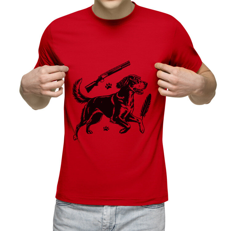 Мужская футболка «Сеттер на охоте с ружьём» (красный, S)