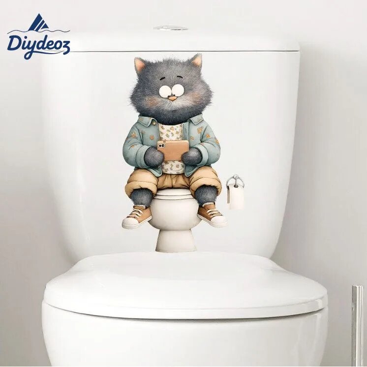 Наклейка на унитаз Кот со смартфоном , Забавный декор для ванной комнаты