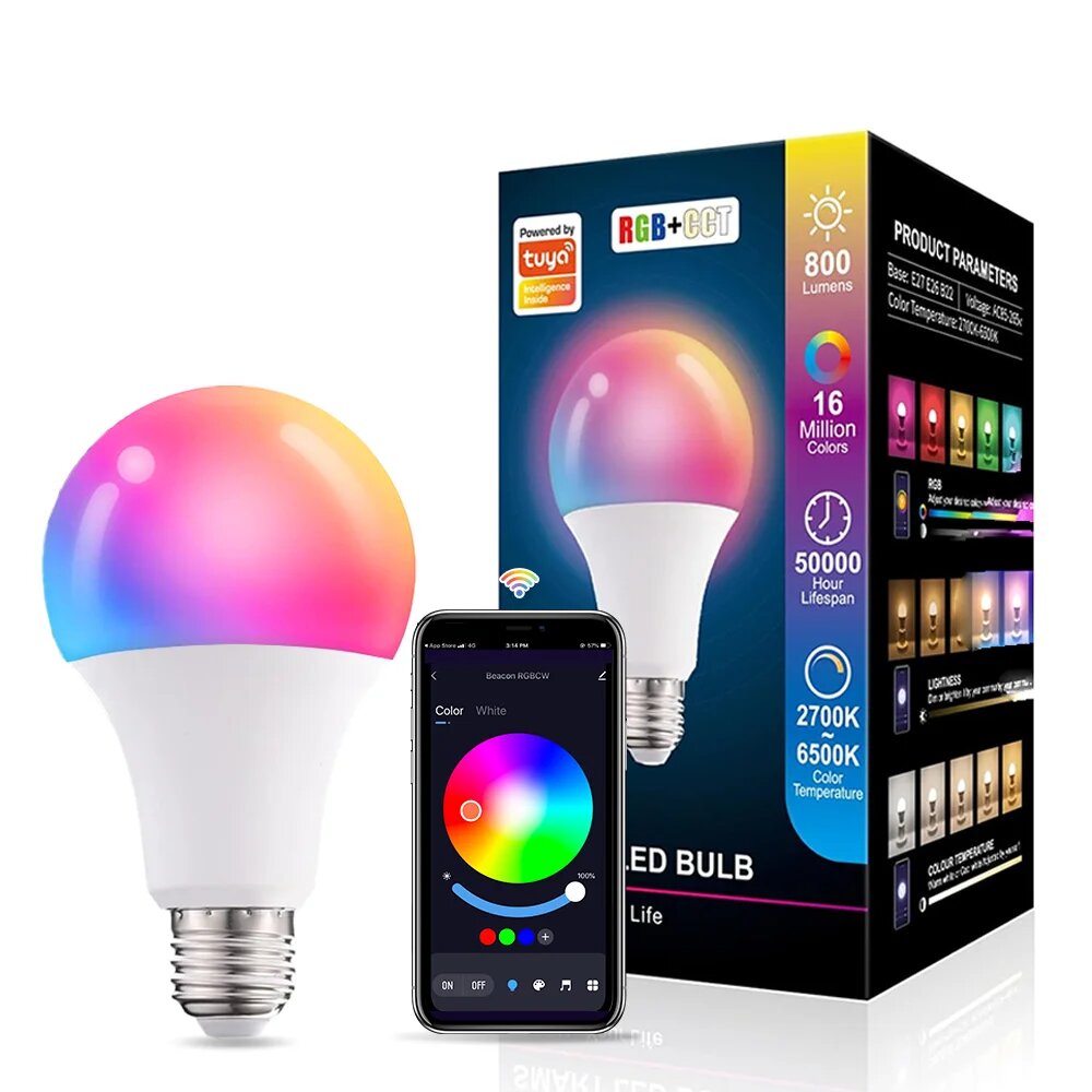 Умная LED лампа Tuya E27 15 Вт RGB