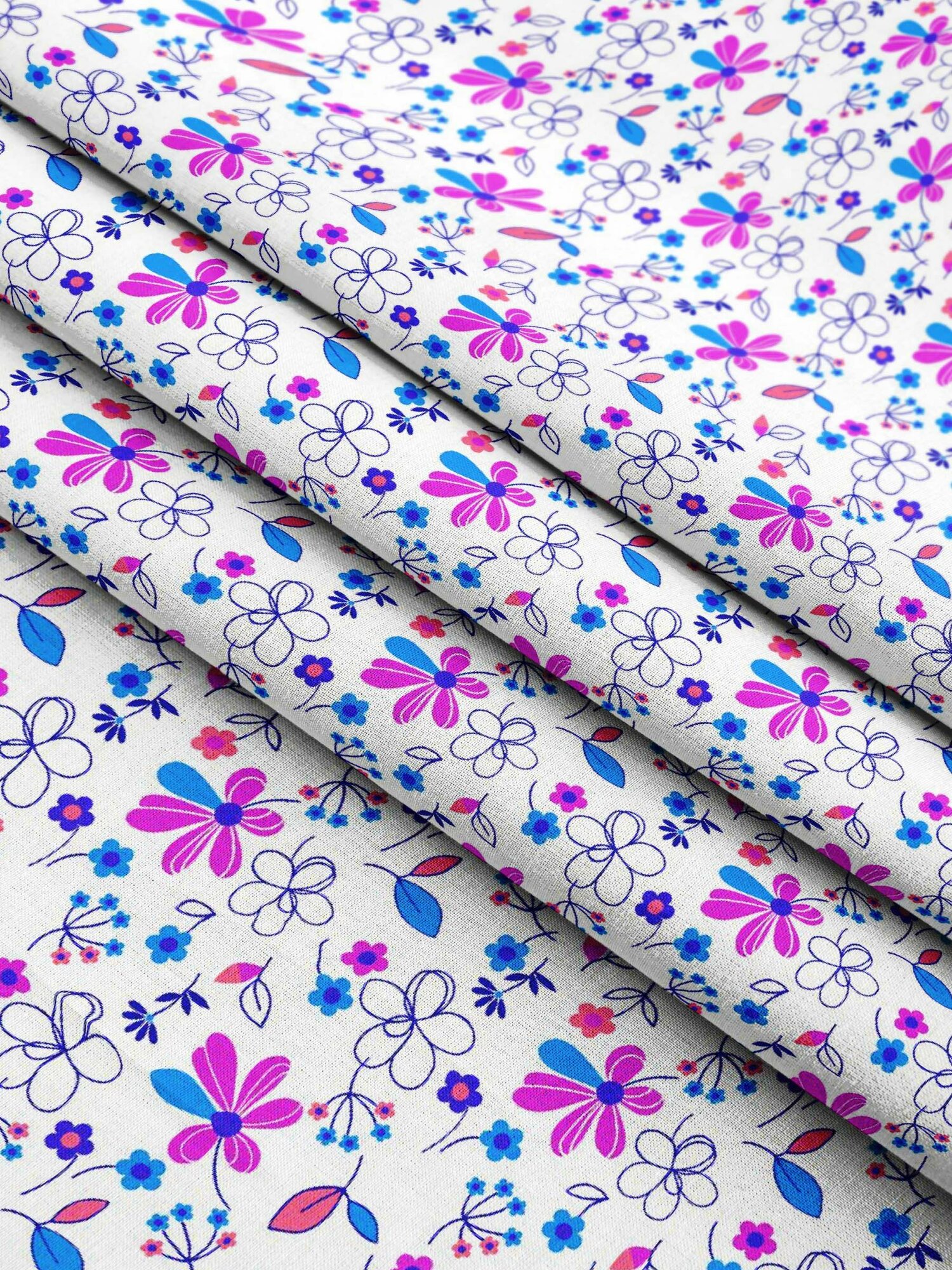Ткань для шитья и рукоделия, Ситец, Хлопок, цв. белый/синий/розовый, Длина 3 м, Ширина 80 см, Плотность 85 г/кв. м