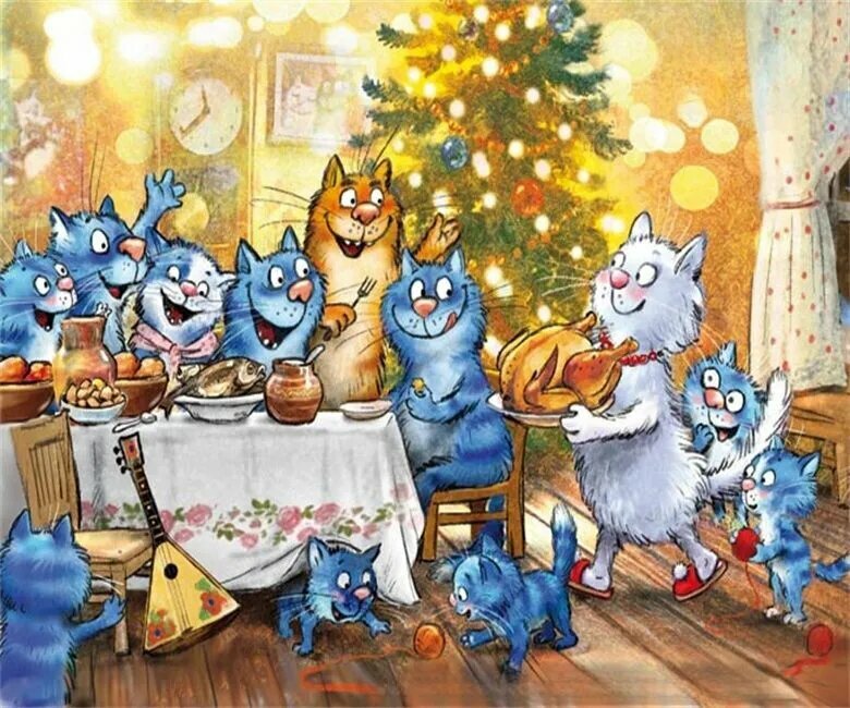 Алмазная мозаика "Синие коты Рины Зенюк" Вышивка Живопись Картина стразами ремесла 40х50 cм