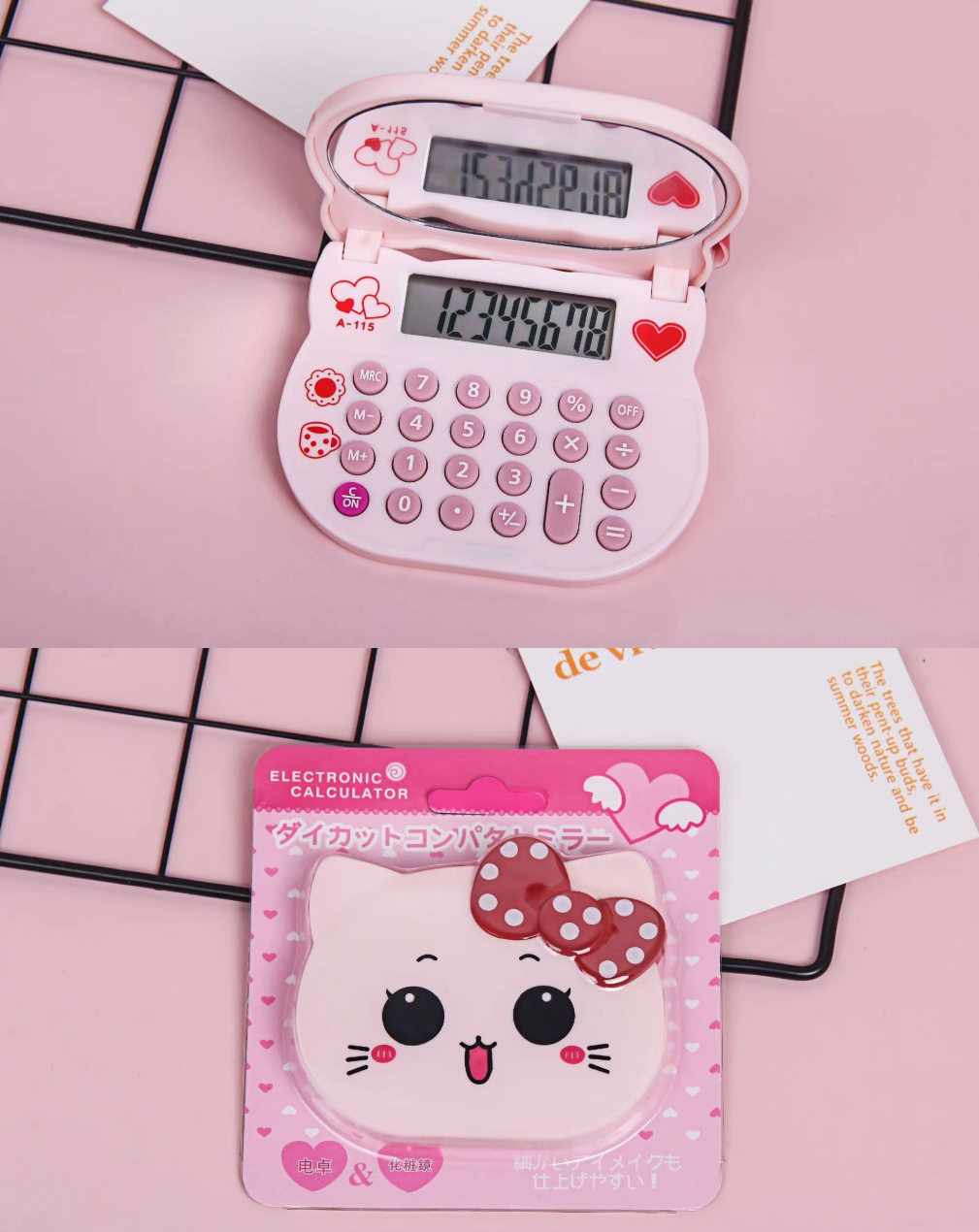 Калькулятор, работающий 2в1 с зеркальным портативным помощником в исследованиях, розовый в тематике Hello Kitty