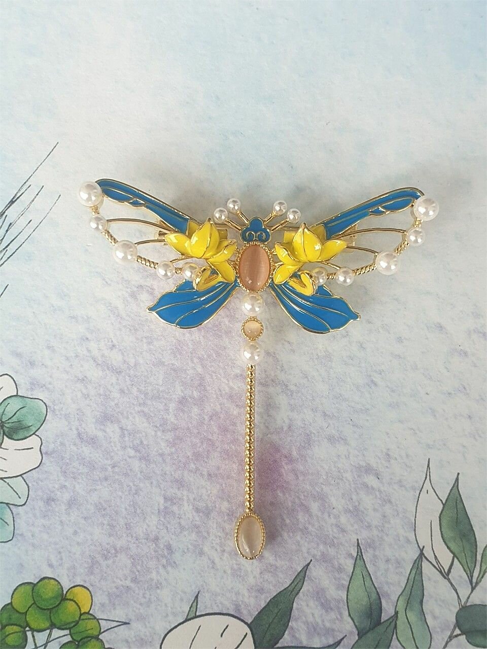 Брошь, искусственный камень, кошачий глаз синтетический, жемчуг культивированный