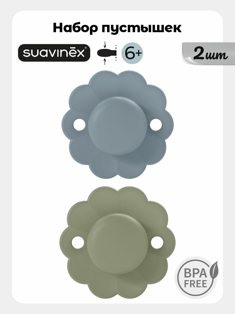 Suavinex Набор пустышек Wonder, 2 шт, 6-18 месяцев, без кольца, симметричная соска SX Pro, зеленый и синий