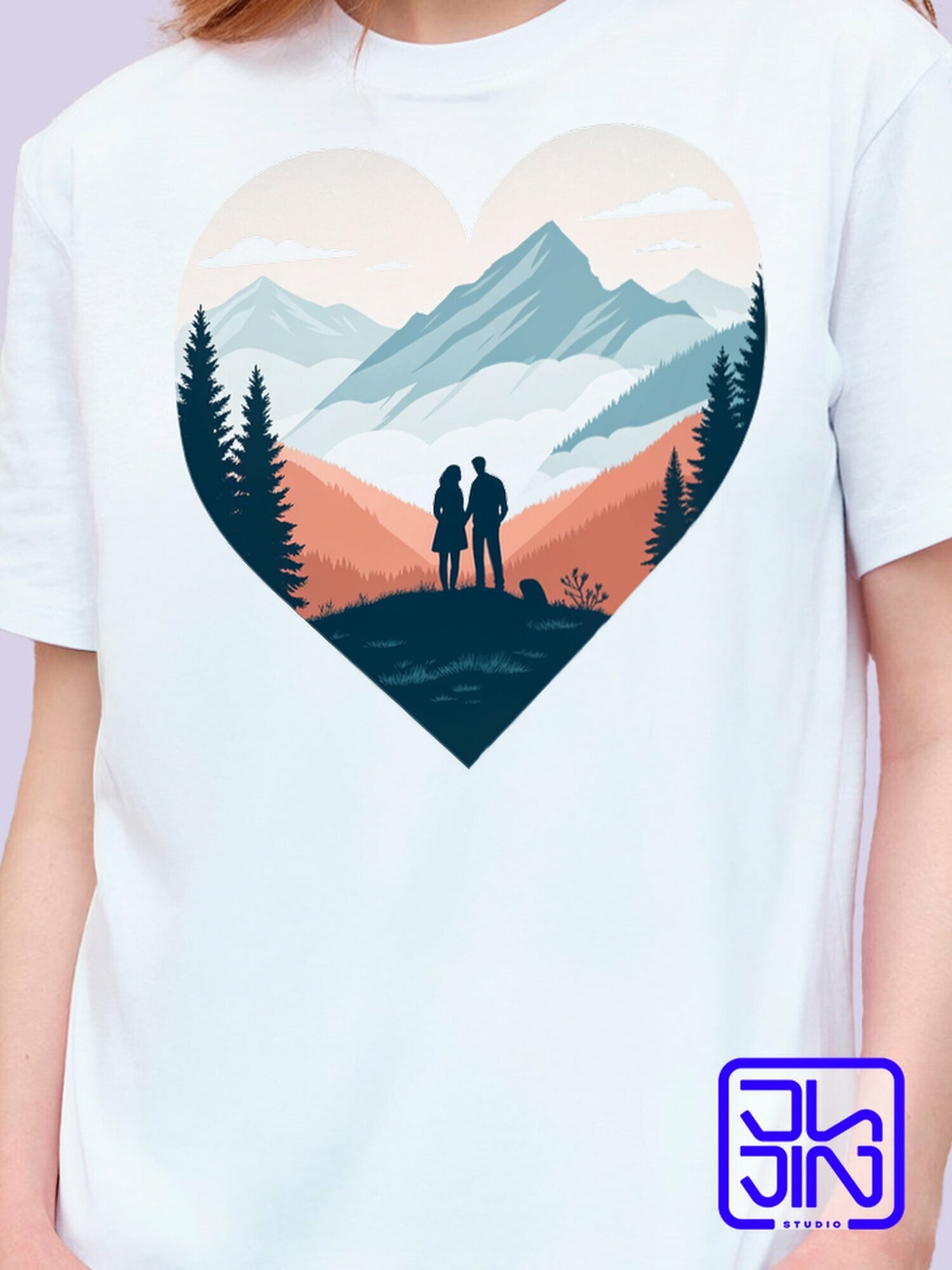 Футболка классическая женская с авторским принтом Минималистичная темно-синяя композиция с сердцем, коралловыми горами и парой, белый хлопковый трикотаж с прикольным рисунком на груди