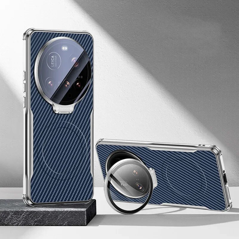 Чехол для Xiaomi 14 Ultra, синий, с кольцом и текстурой карбона