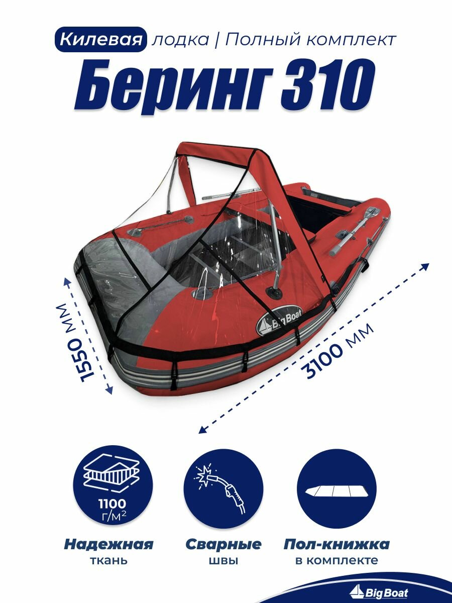 Надувная, под мотор, килевая лодка в полной комплектации (носовой тент, мягкие накладки) из ПВХ для рыбалки Bering (Беринг) 310к, пол-книжка