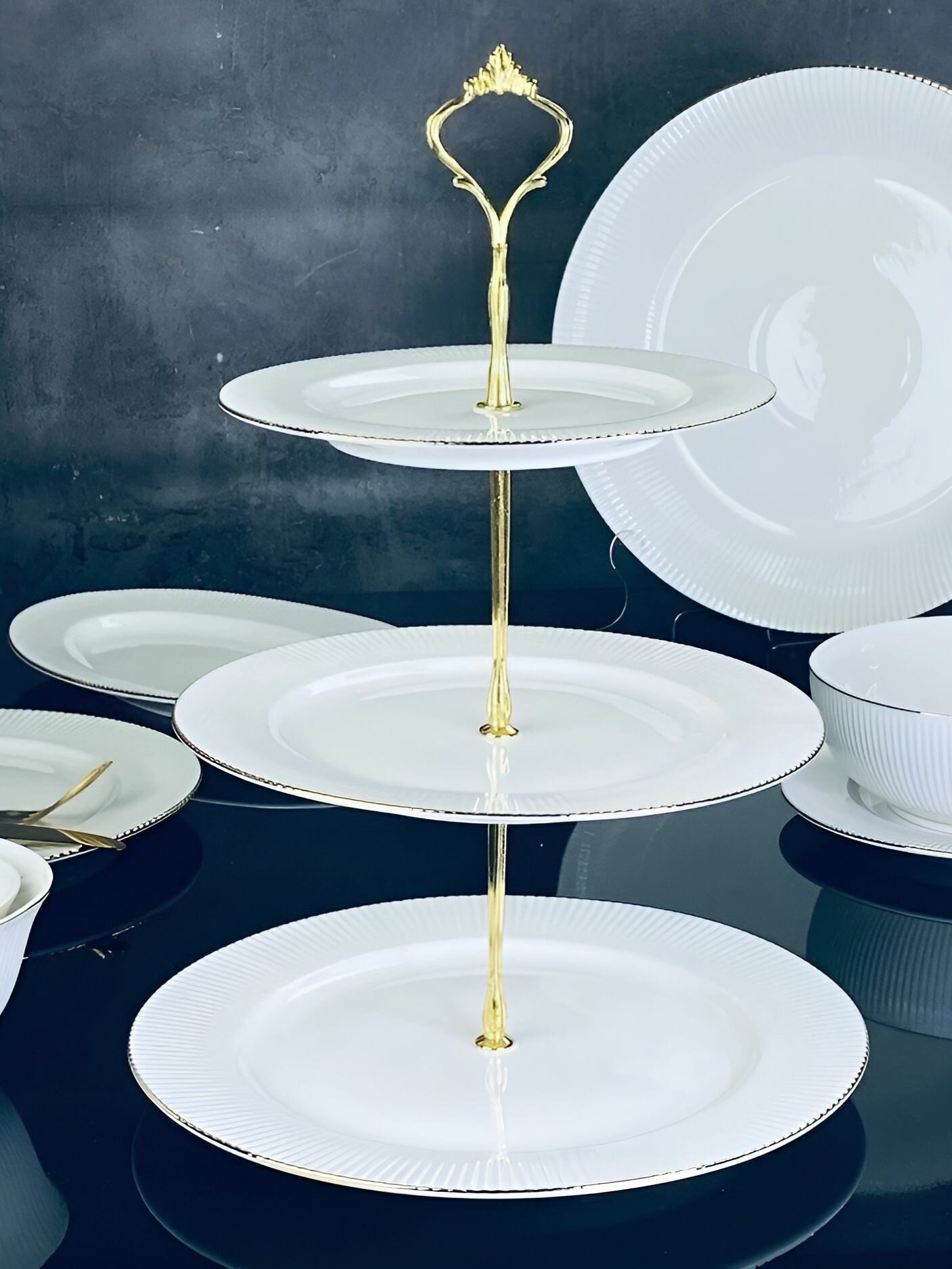 Этажерка фарфоровая белая 3-ярусная MOON Lenardi, фруктовница фарфор