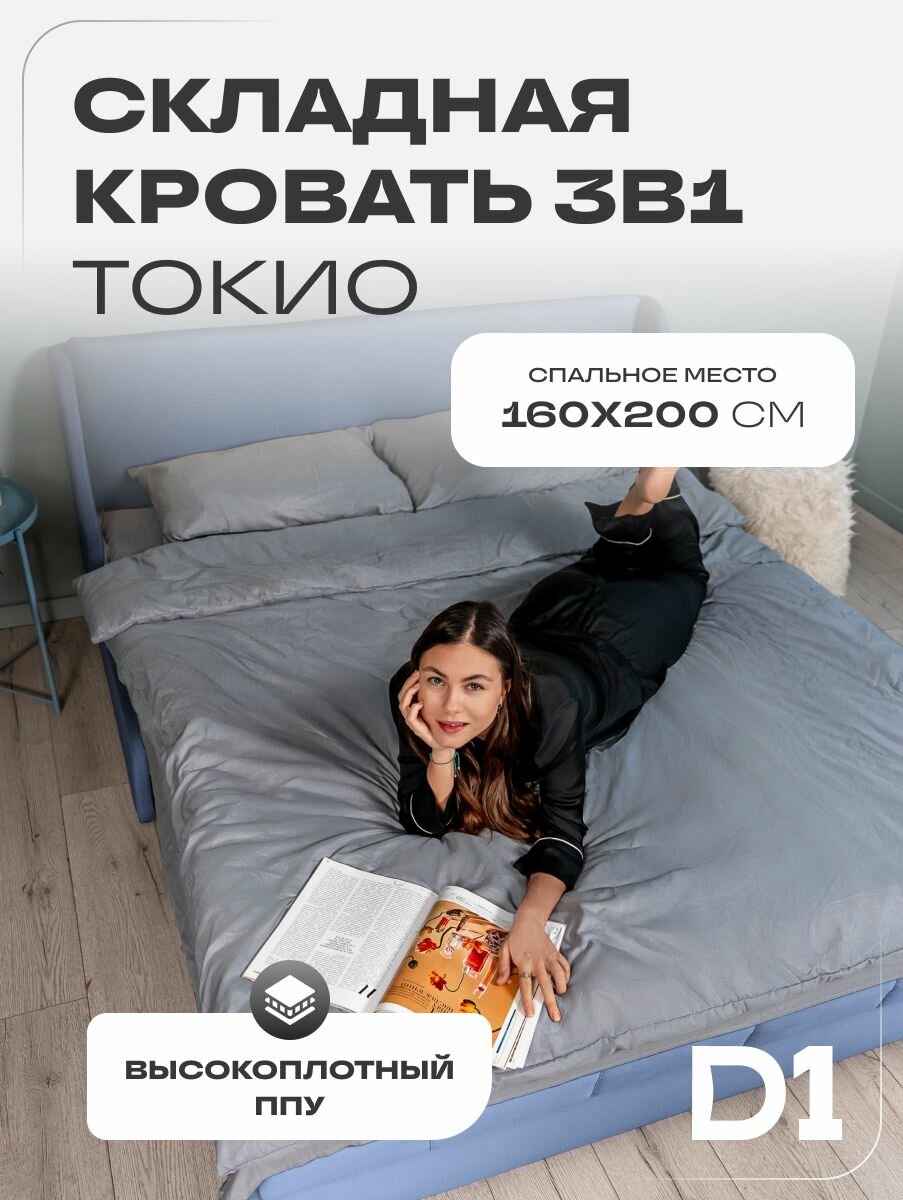 Складная кровать 3в1 диван аккордеон 160x200 Токио на металлокаркасе, велюр, синий, ППУ, синий