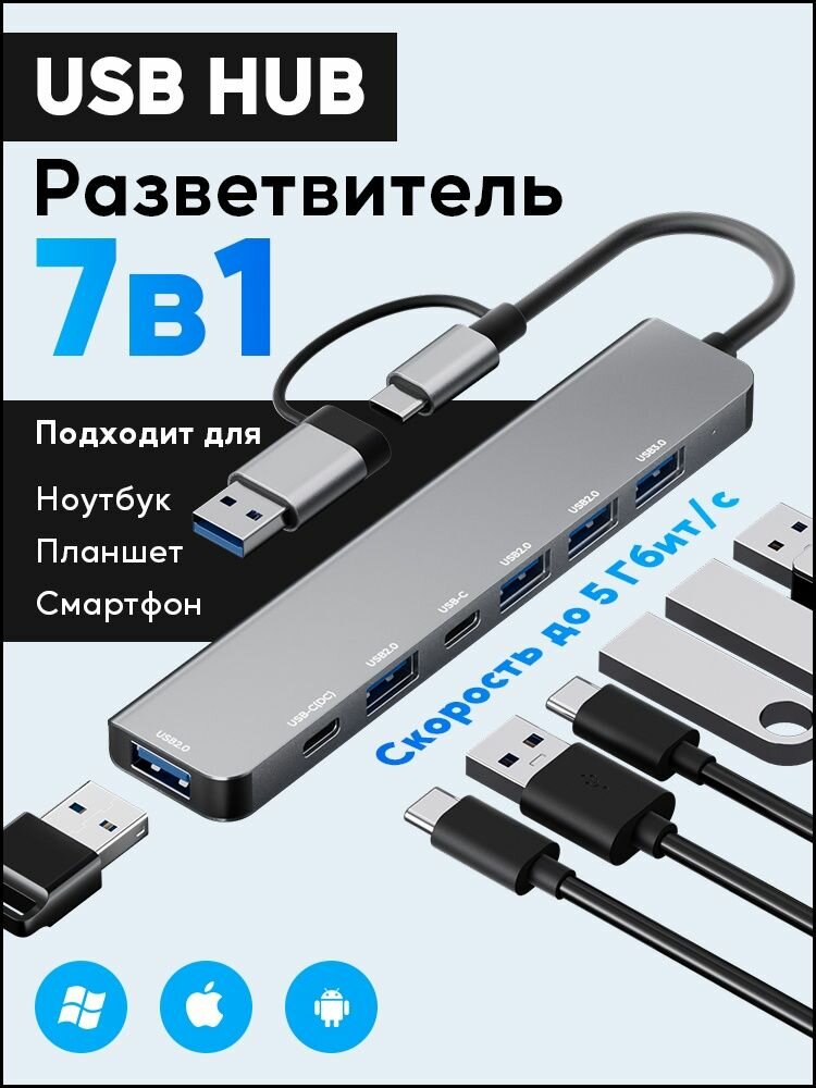 USB Hub Type-C Hub, 7-портовый концентратор 4 x USB 2.0, 1 x USB 3.0, 2 x Type-C, адаптер для ноутбука, удлинитель для компьютера
